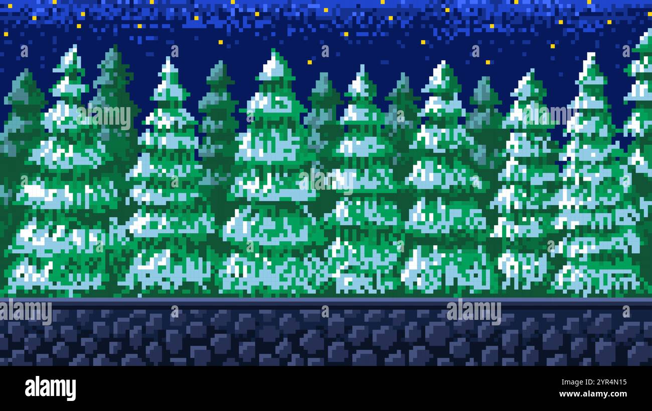 Christmas trees, snowy forest. Pixel art 8 bit objects. landscape ...