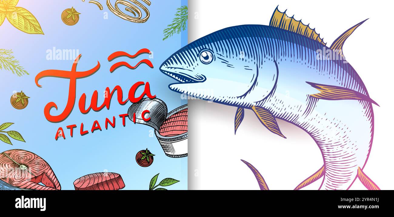 Tuna seafood banner. Fishes sketch poster. Retro ink style. Freshwater ...