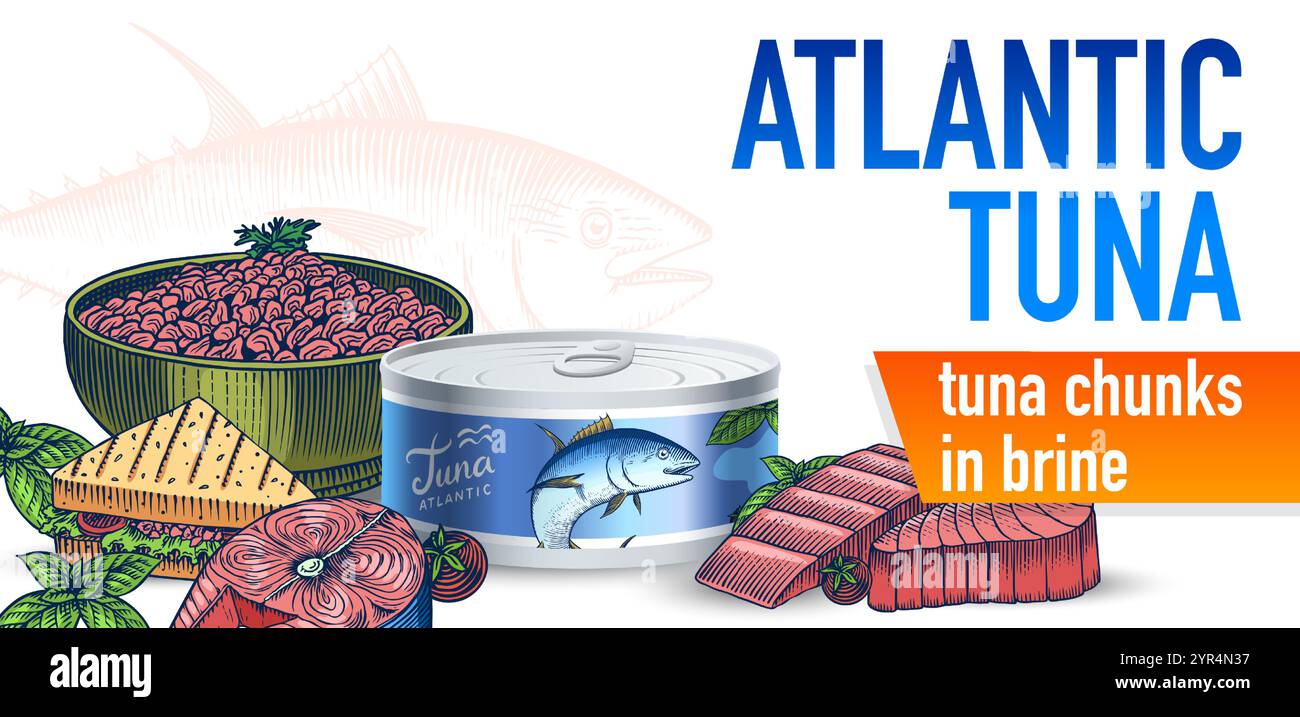 Tuna seafood banner. Fishes sketch poster. Tin can, steak and sandwich ...