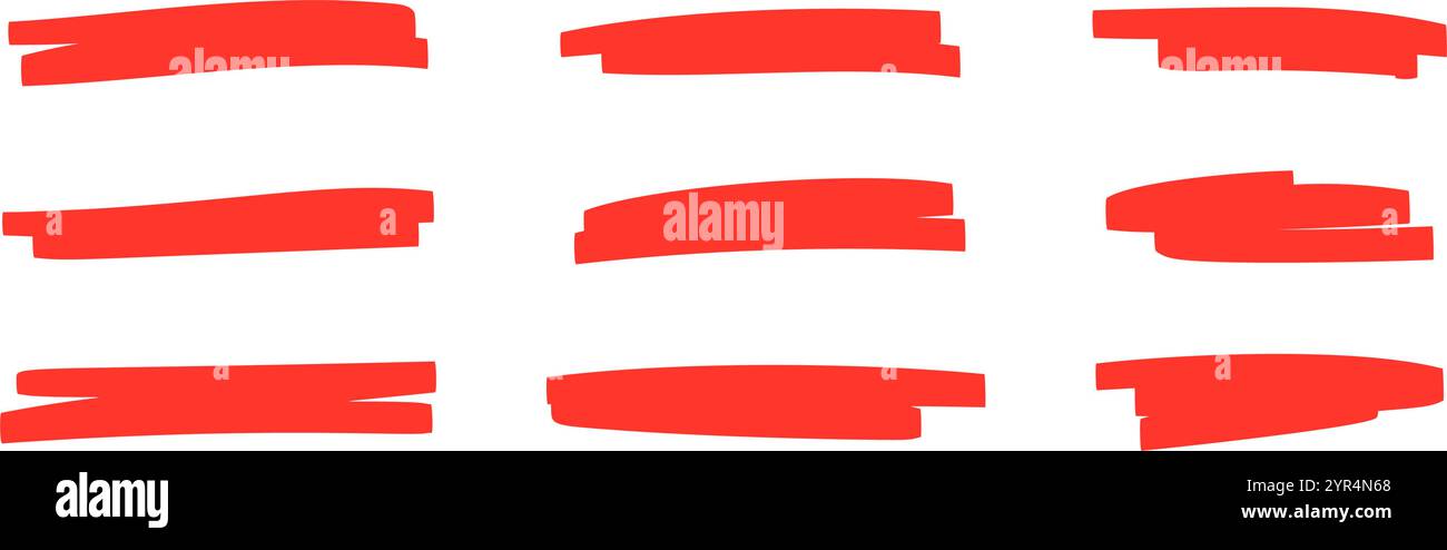 Red marker strokes set with brush texture for highlighting text. Doodle ...