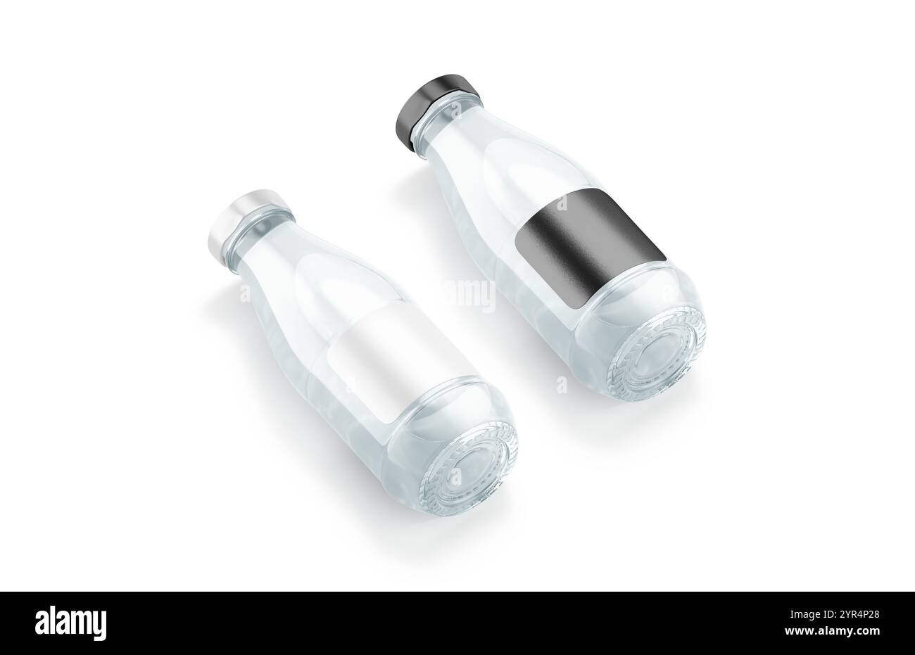 Blank transparent glass water bottle black and white label mockup, 3d ...