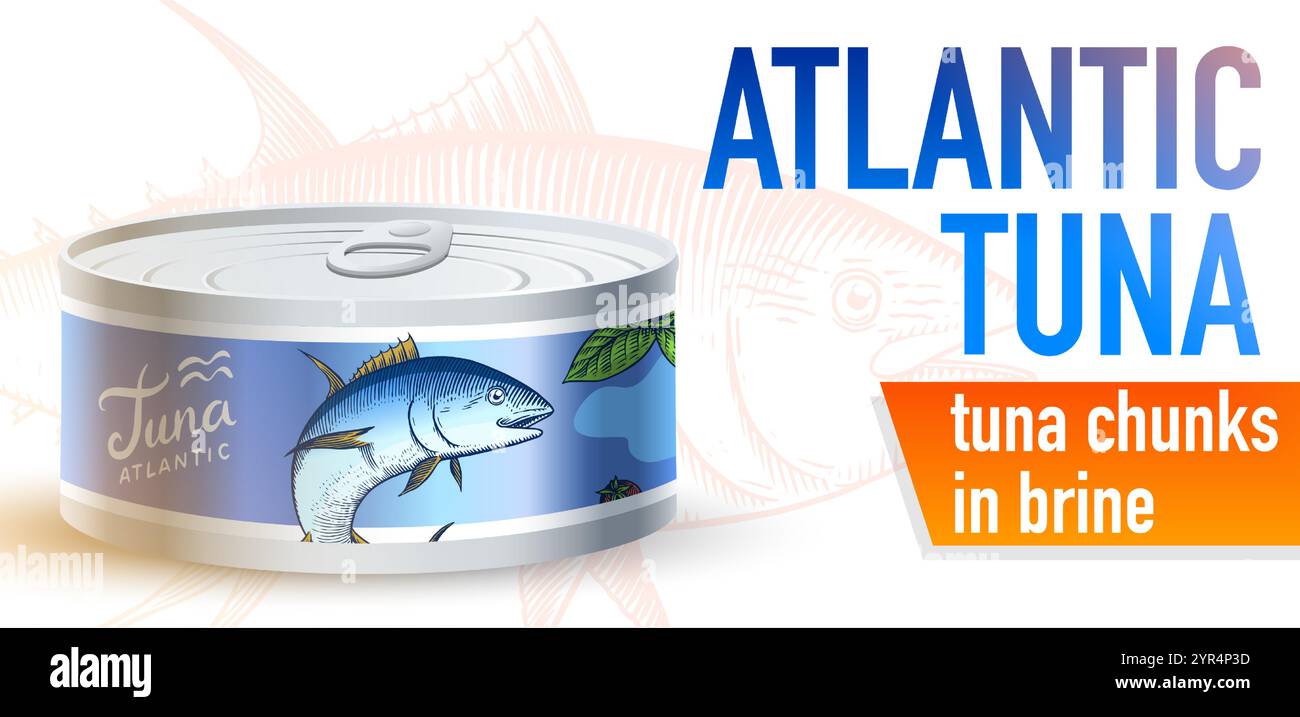 Canned Atlantic tuna in a tin. seafood banner. Fishes sketch poster ...