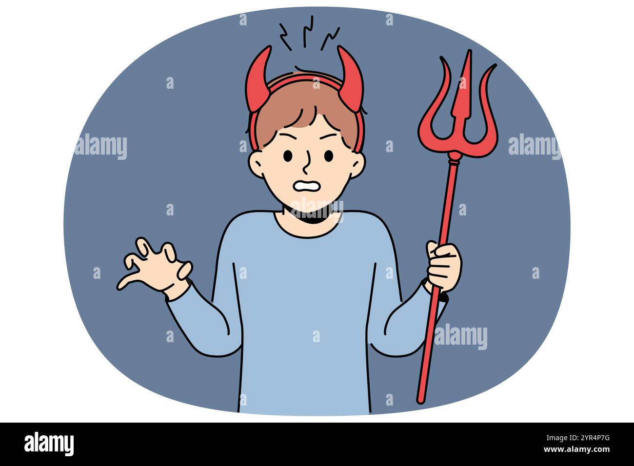 Little bully boy with devil horns makes evil grimace and terrorizes ...