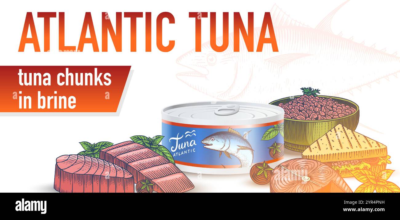 Tuna seafood banner. Fishes sketch poster. Tin can, steak and sandwich ...