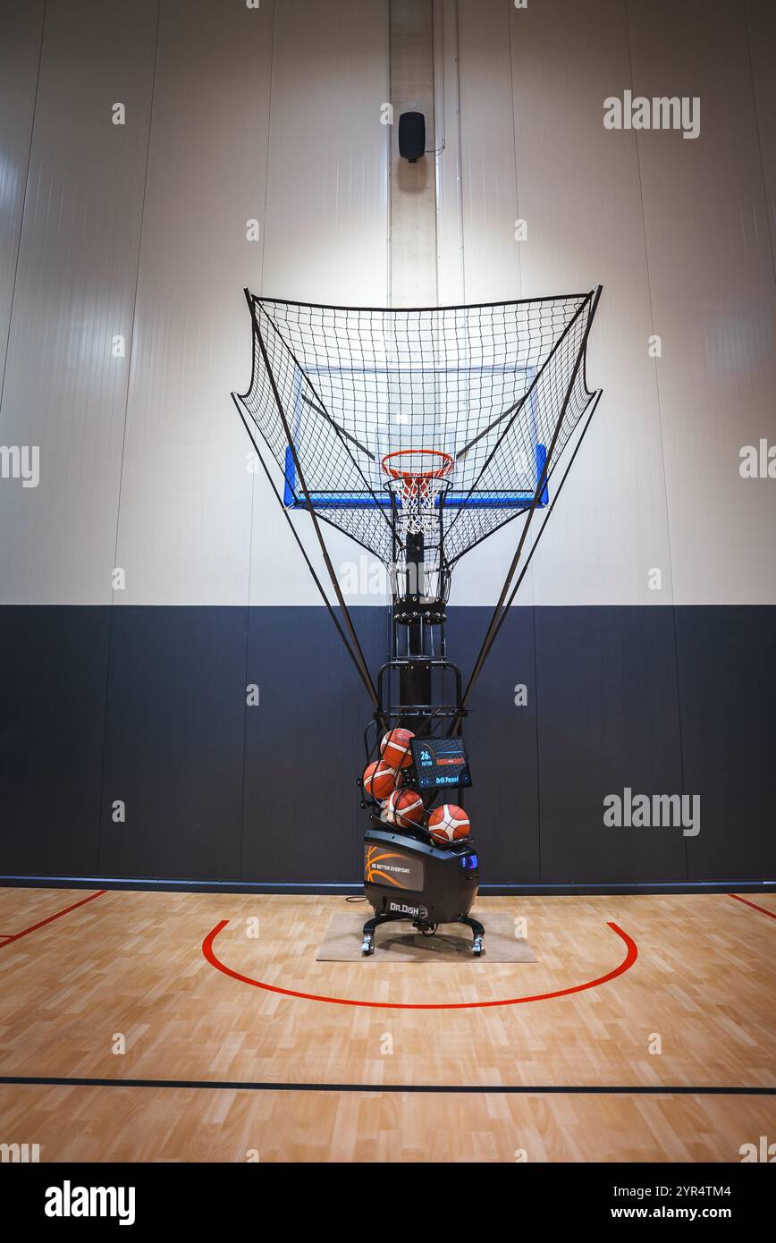 Indoor Basketball Court with Modern Shooting Machine Setup Stock Photo ...