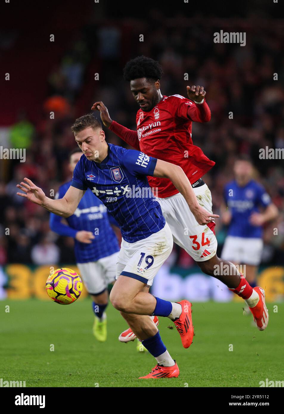 Liam Delap of Ipswich Town and Ola Aina of Nottingham Forest ...