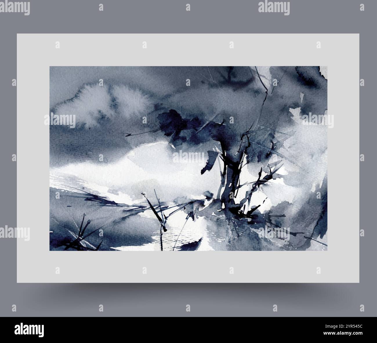 Night storm breaking tree with flying branches, located on hill under ...