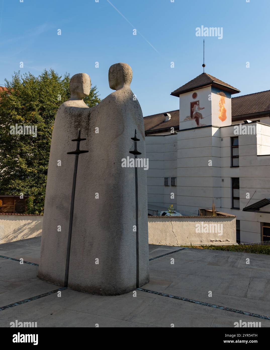 A picture of the sculpture of Saint Cyril and Methodius and a mural ...