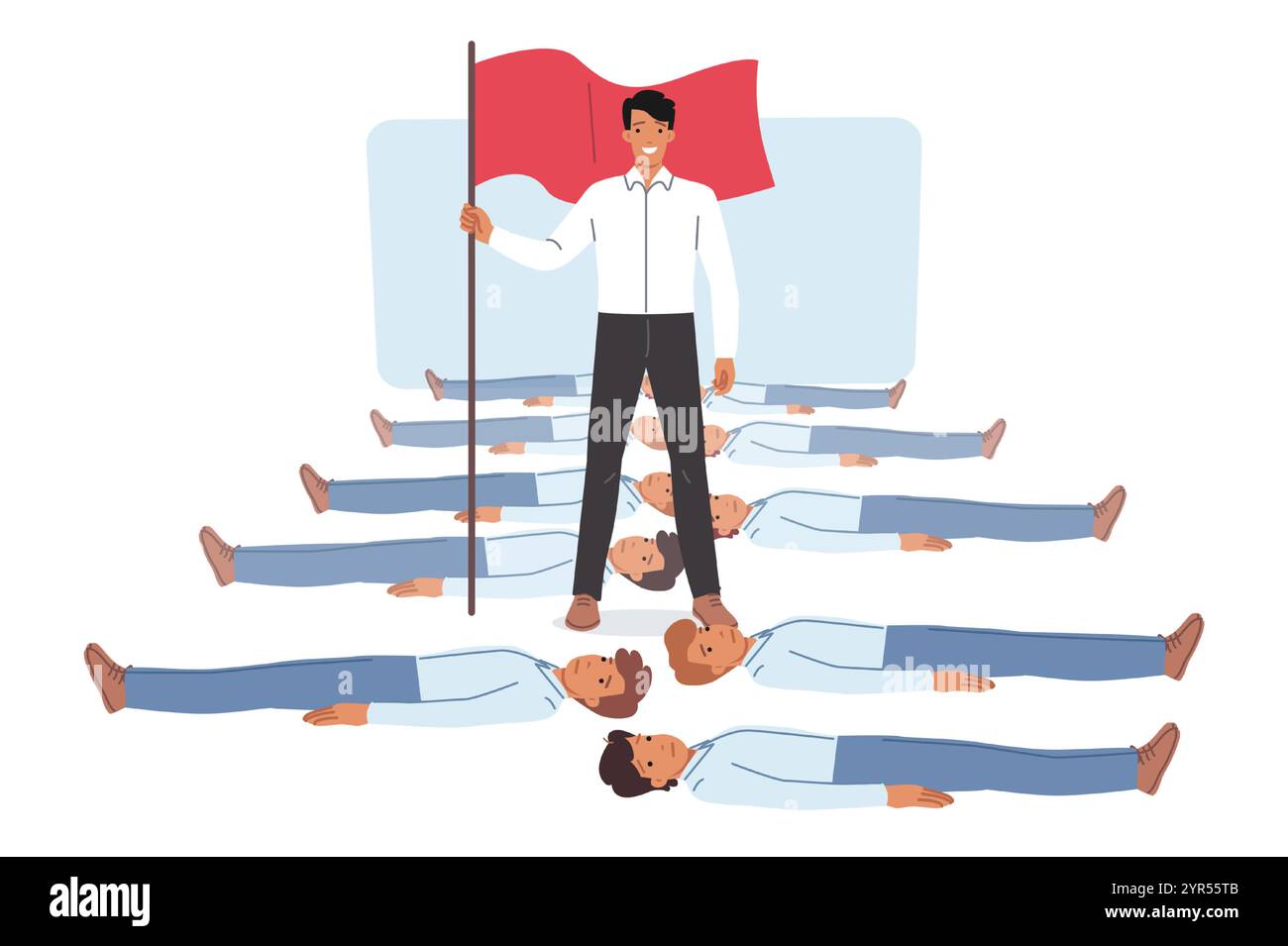 Businessman crushed competitors and holds red flag standing over ...