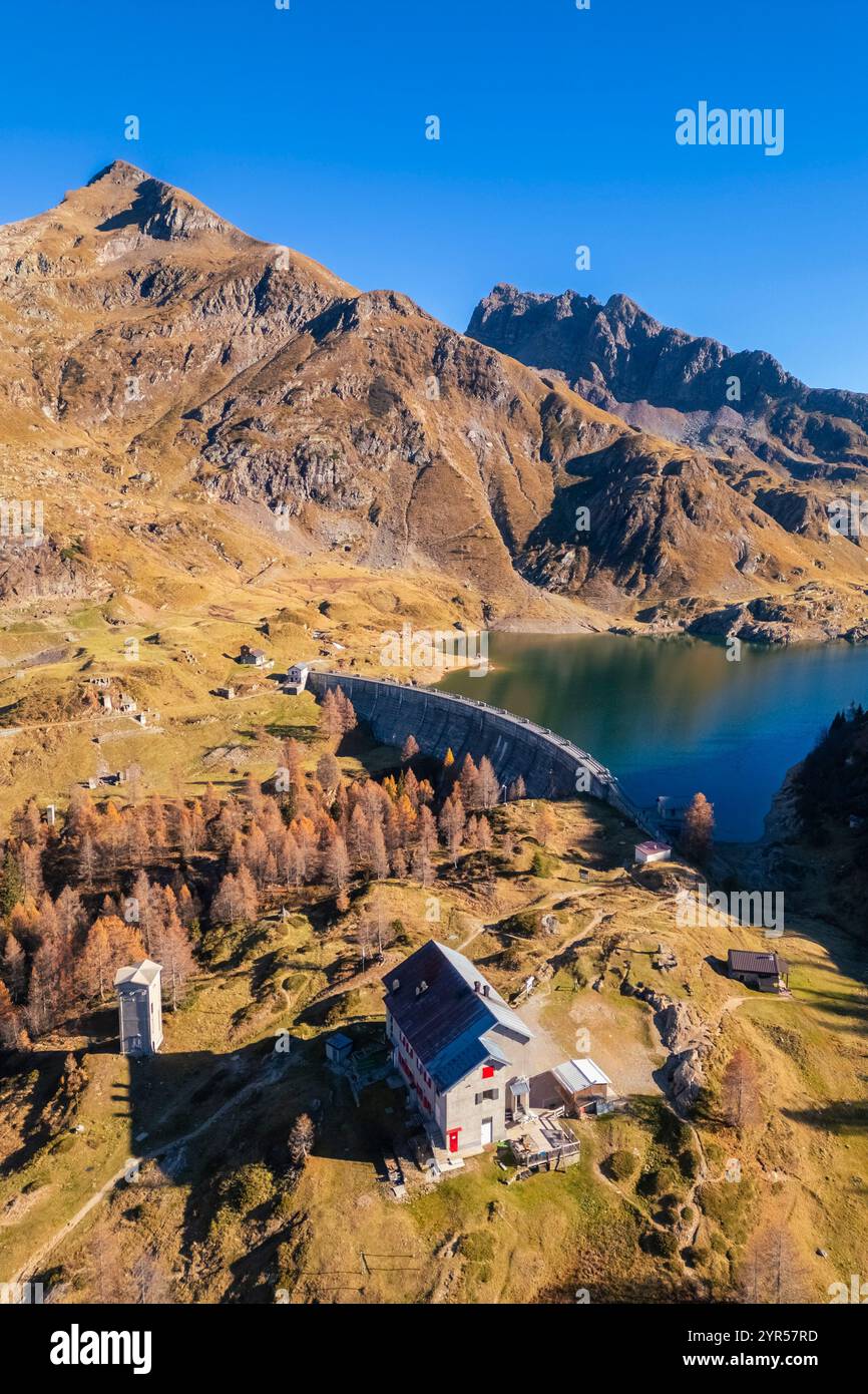 Aerial view of Laghi Gemelli, the dam and it's refuge. Branzi, Val ...