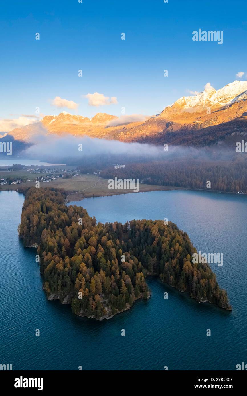 Aerial view of the Sils Lake and peninsula in autumn. Sils im Engadin ...
