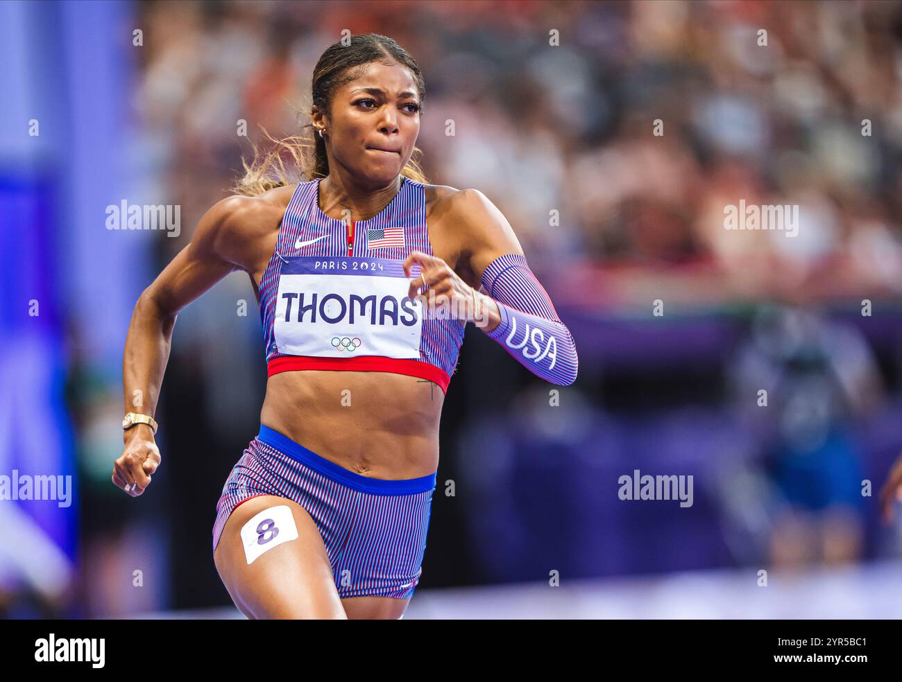 Gabrielle Thomas participating in the 200 meters at the Paris 2024 ...