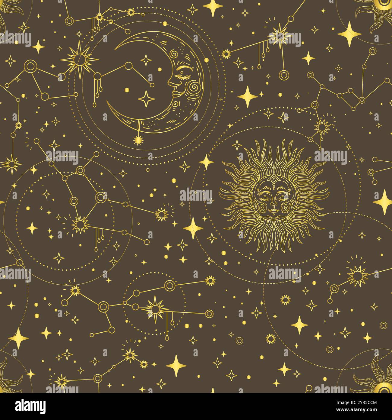Seamless celestial background with stars, sun and moon. Brown seamless ...