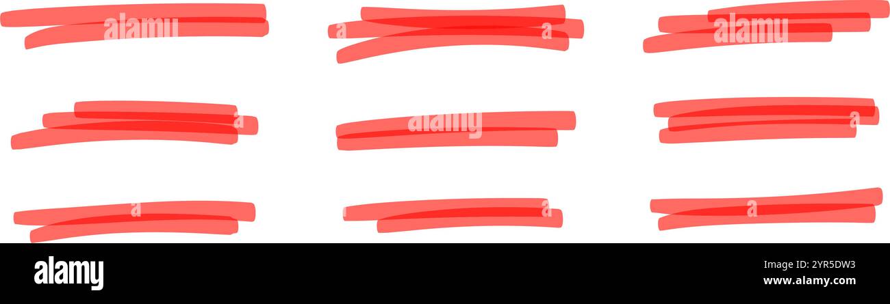 Red marker strokes set with brush texture for highlighting text. Doodle ...