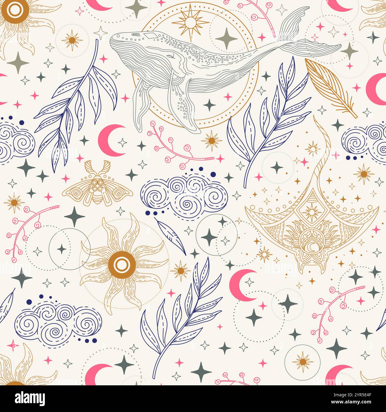 Seamless celestial background with stars, sun and moon. Brown seamless astrological pattern for ...