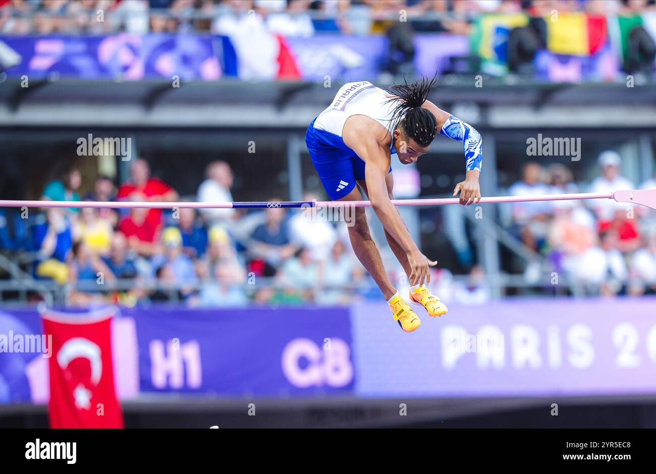 Emmanuíl Karalís participating in the pole vault at the Paris 2024 ...