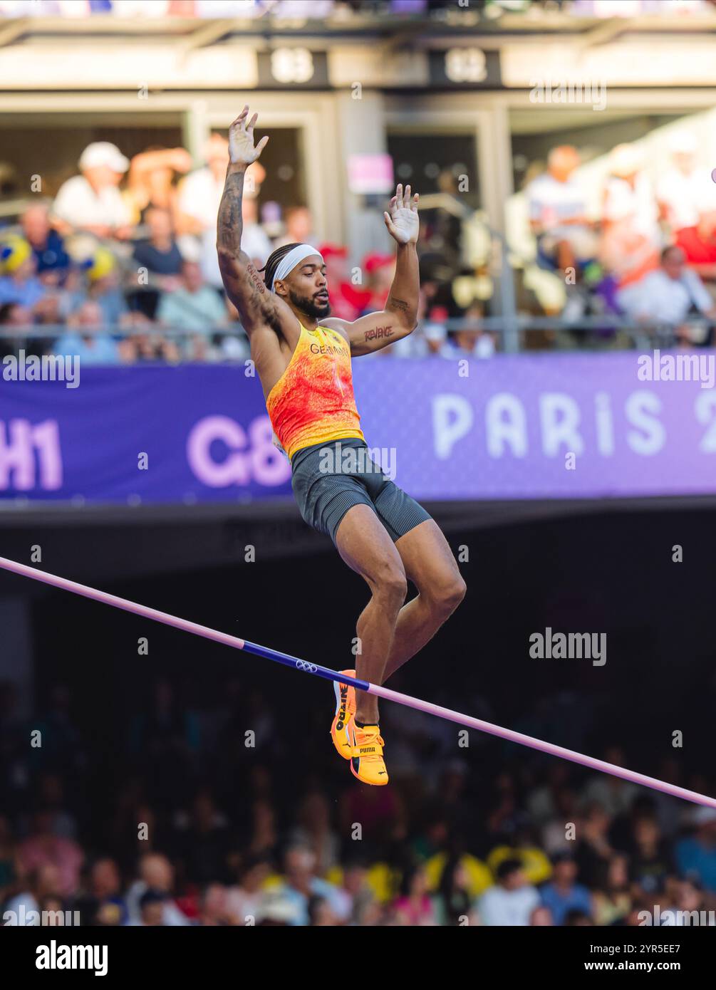 Bo Kanda Lita Baehre participating in the pole vault at the Paris 2024 ...