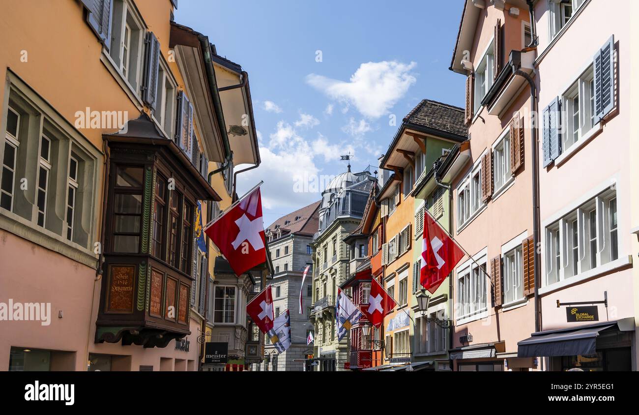 Augustinergasse with Swiss flags, Old Town, Zurich, Switzerland, Europe ...
