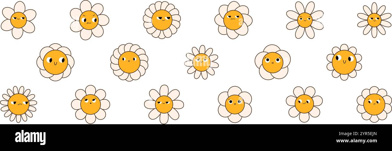 Groovy daisy flowers face collection. Retro chamomile smiles in cartoon ...