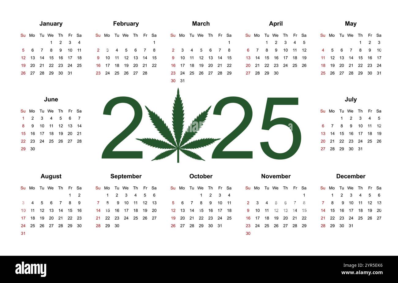 Marijuana calendar for 2025. Medical Cannabis. Simple Vector Template ...