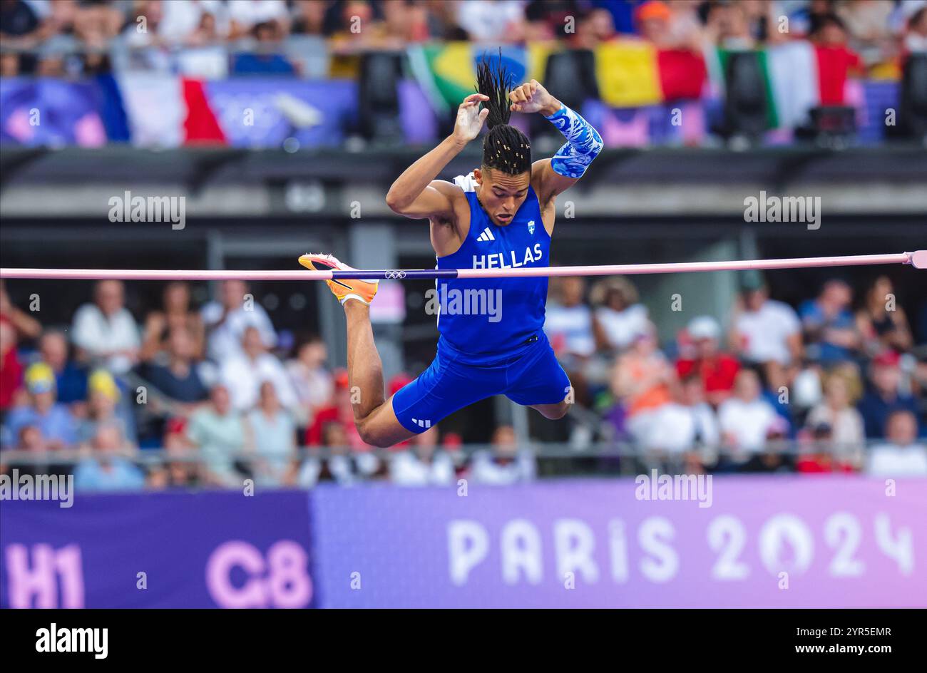 Emmanuíl Karalís participating in the pole vault at the Paris 2024 ...