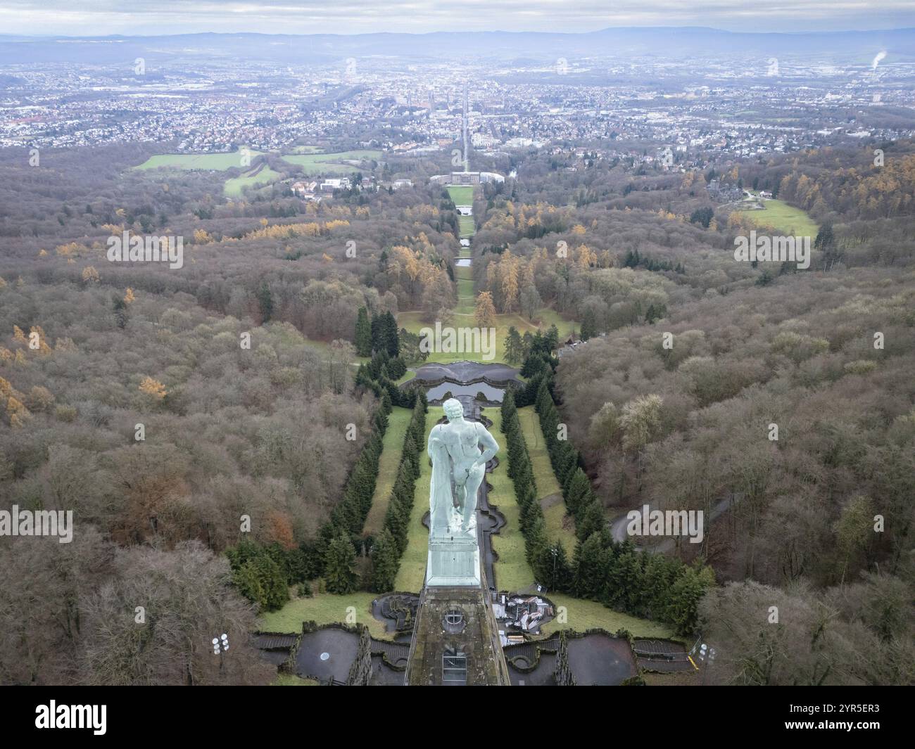 Copper statue of Hercules in Bergpark Wilhelmshoehe with a view over ...