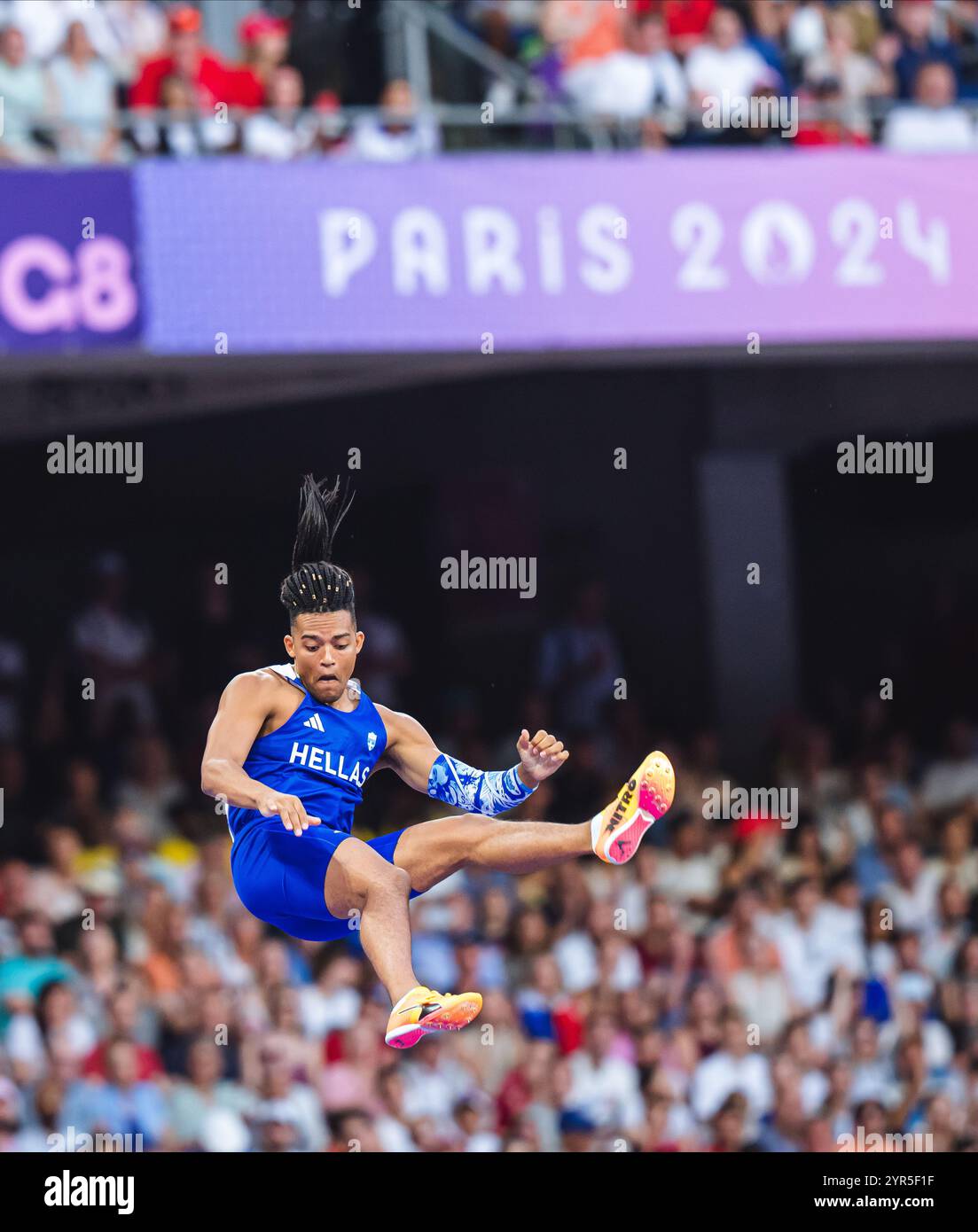 Emmanuíl Karalís participating in the pole vault at the Paris 2024 ...