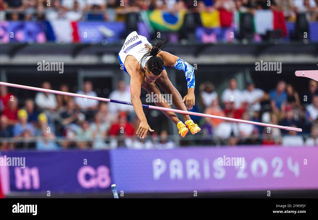 Emmanuíl Karalís participating in the pole vault at the Paris 2024 ...