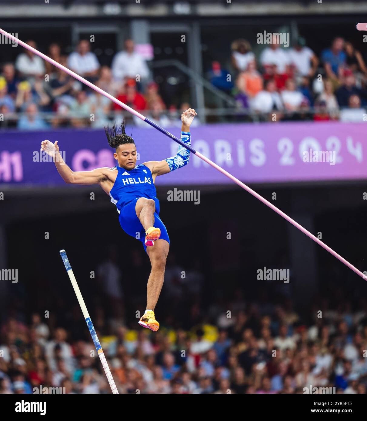 Emmanuíl Karalís participating in the pole vault at the Paris 2024 ...
