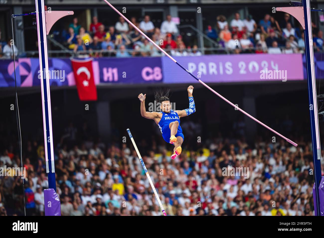 Emmanuíl Karalís participating in the pole vault at the Paris 2024 ...