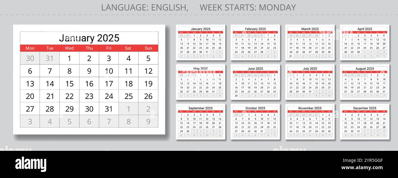 2025 calendar. A vector collection of English monthly page calendars ...
