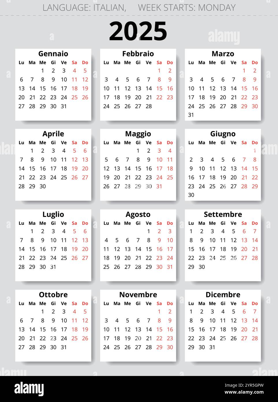 2025 year calendar. Italian language. With 12 months. Vector ...