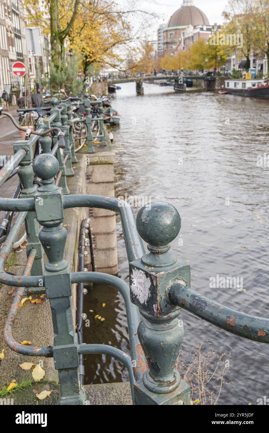 Detailed view of an ornate bridge railing along a canal in the city ...