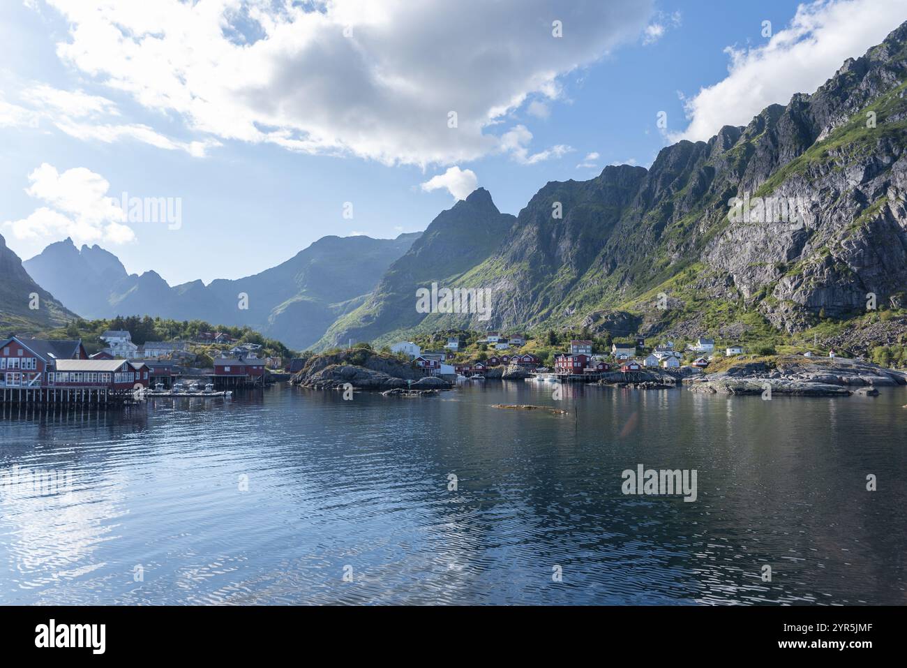 Historic fishing village in front of the mountain landscape of ...