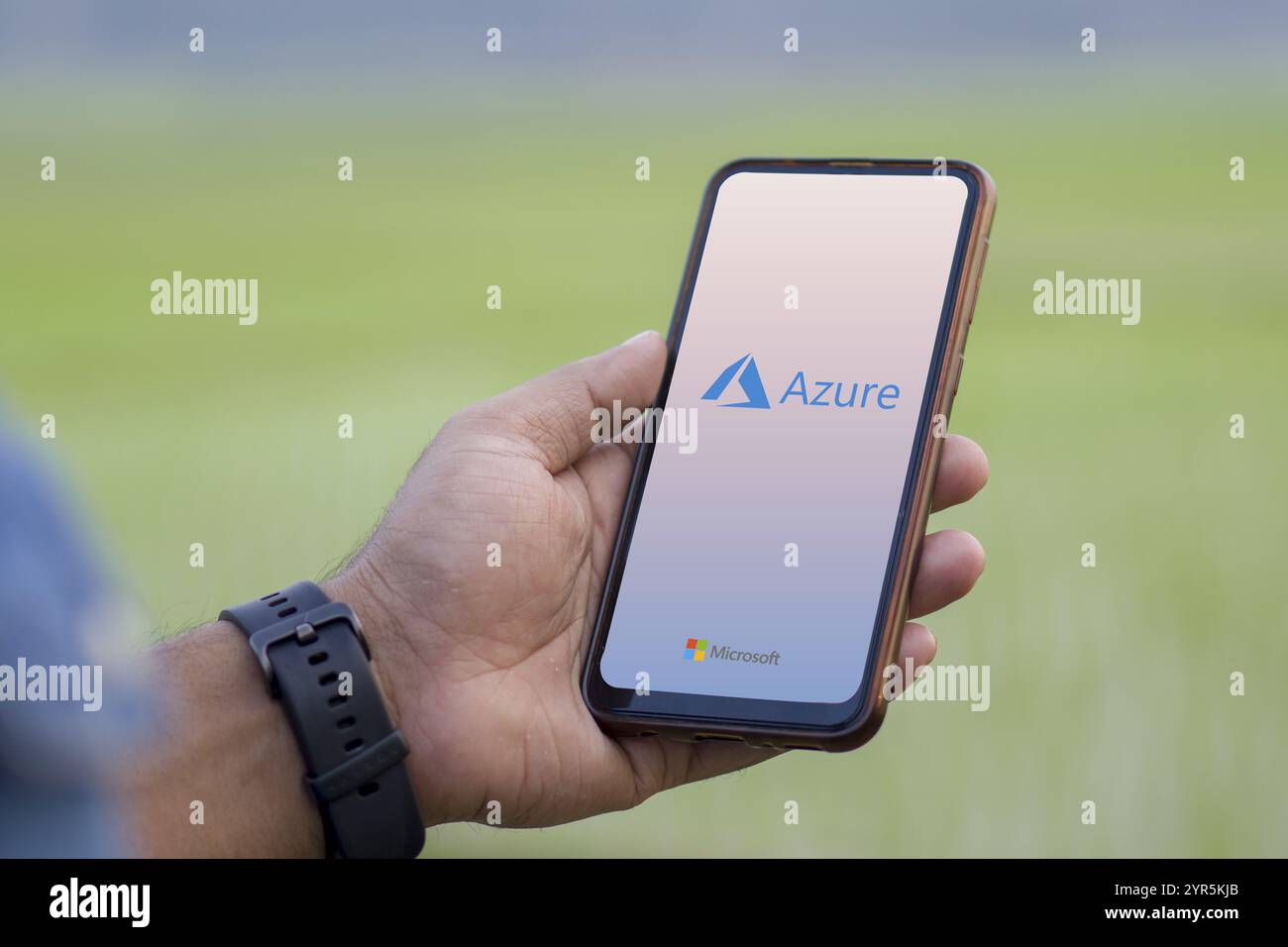 Smart phone with the Microsoft Azure logo, is a cloud service offered ...