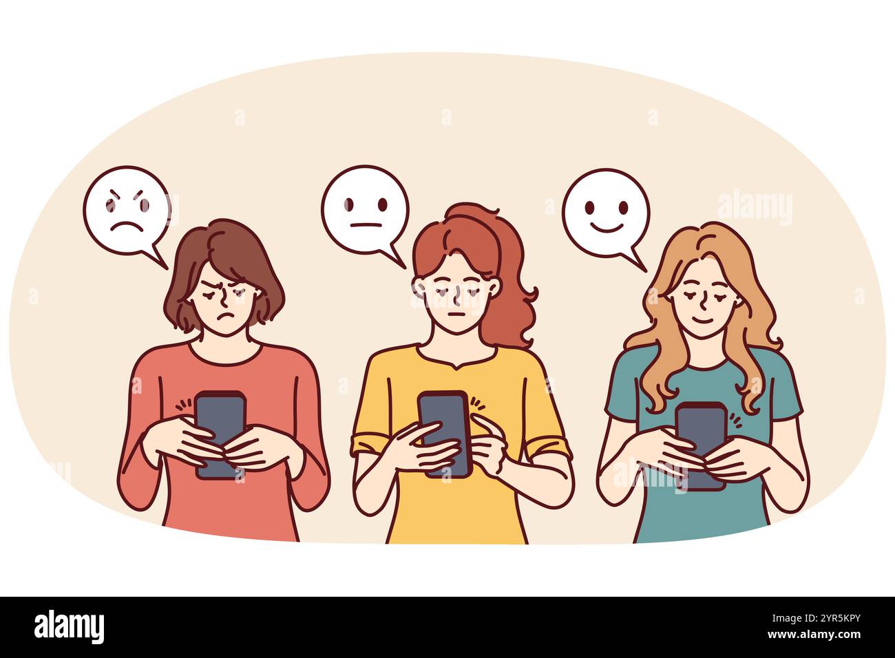 Women with phones near emoji with different facial expressions for ...