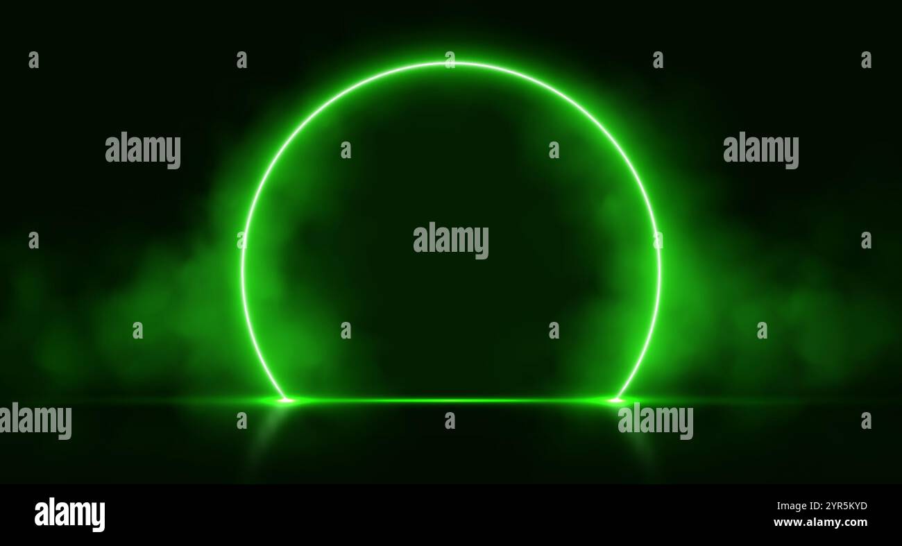Neon arch with smoke, green glowing portal, futuristic circle gate ...