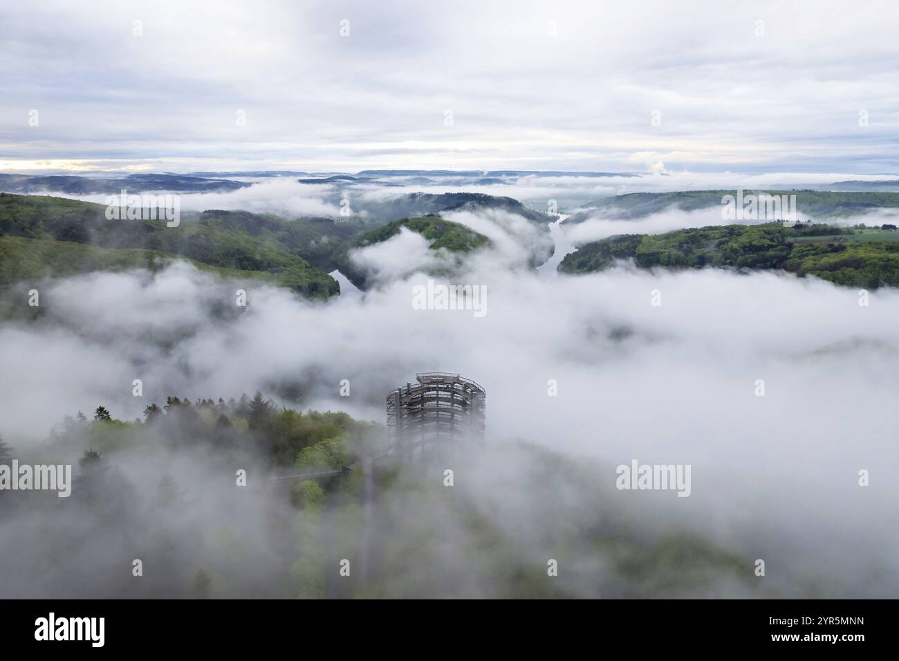 Aerial view of the Saarschleife in Mettlach with the treetop walk in ...