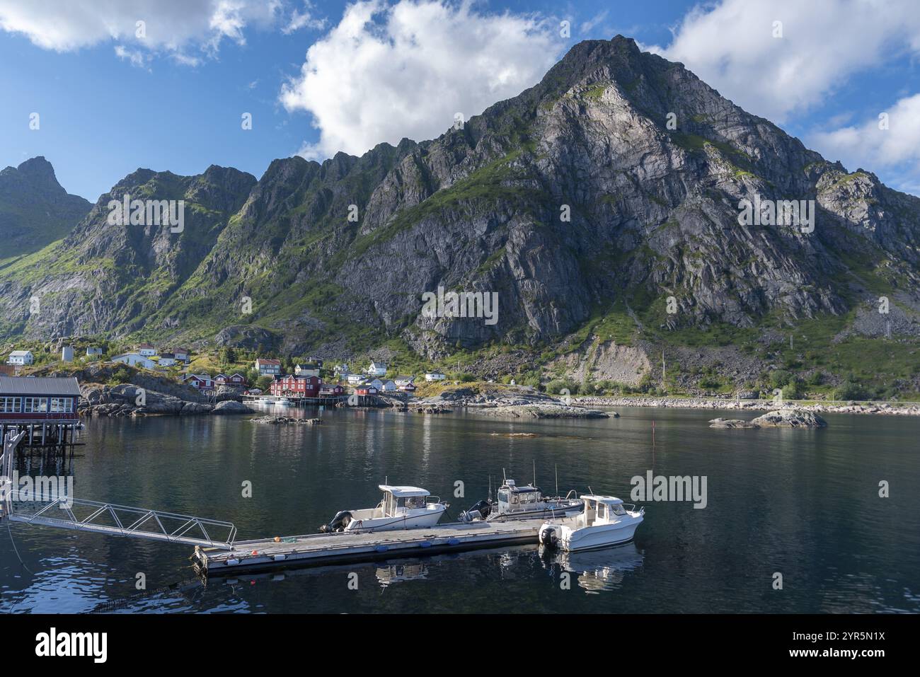 Historic fishing village in front of the mountain landscape of ...
