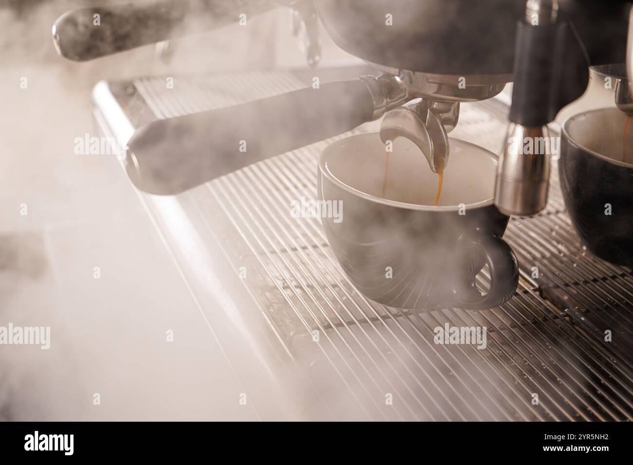 Professional espresso machine while preparing espressos coffee cup in a coffee shop. Close-up of ...