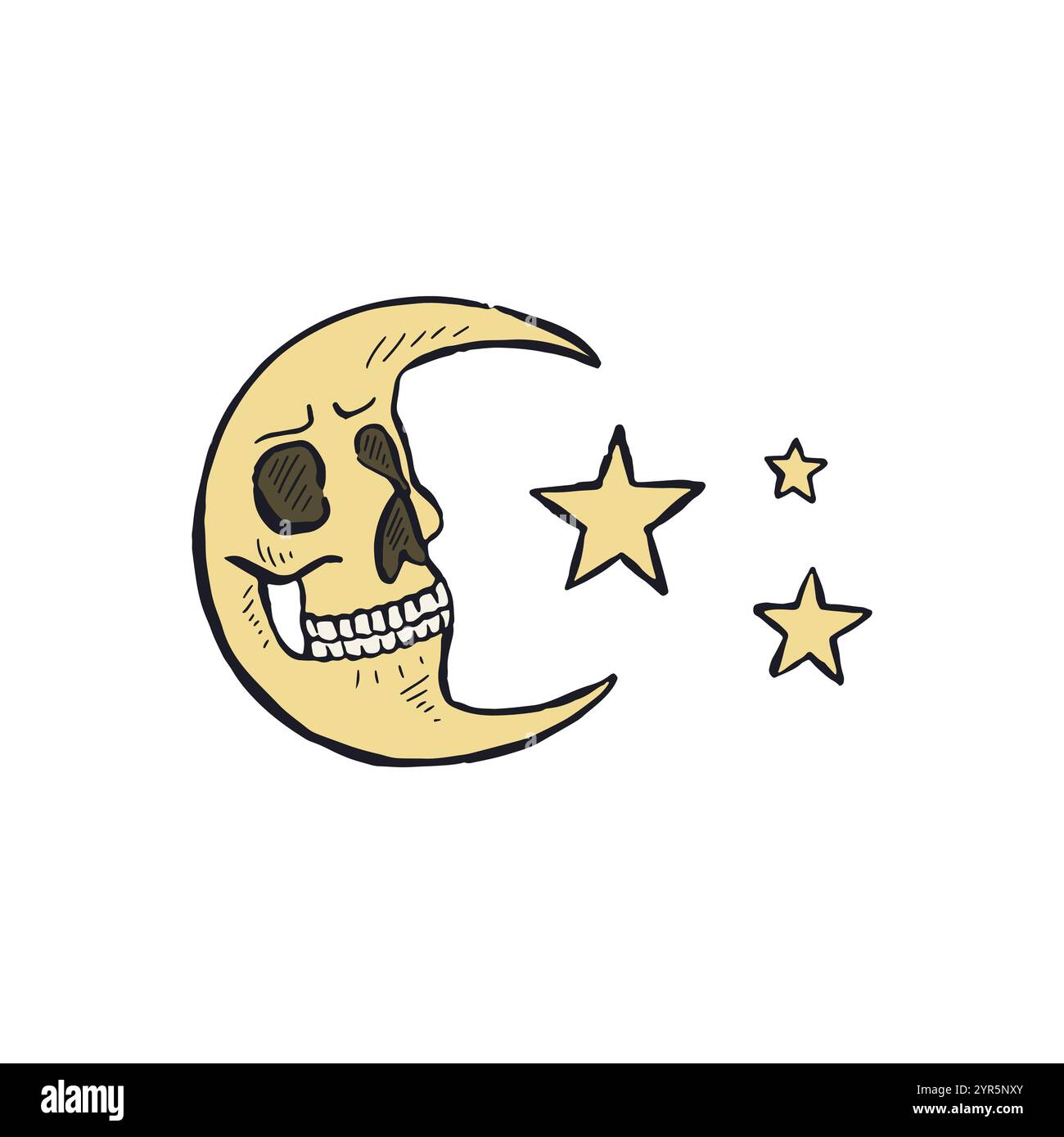 Hand drawn sketchy crescent moon with skull face isolated on white ...