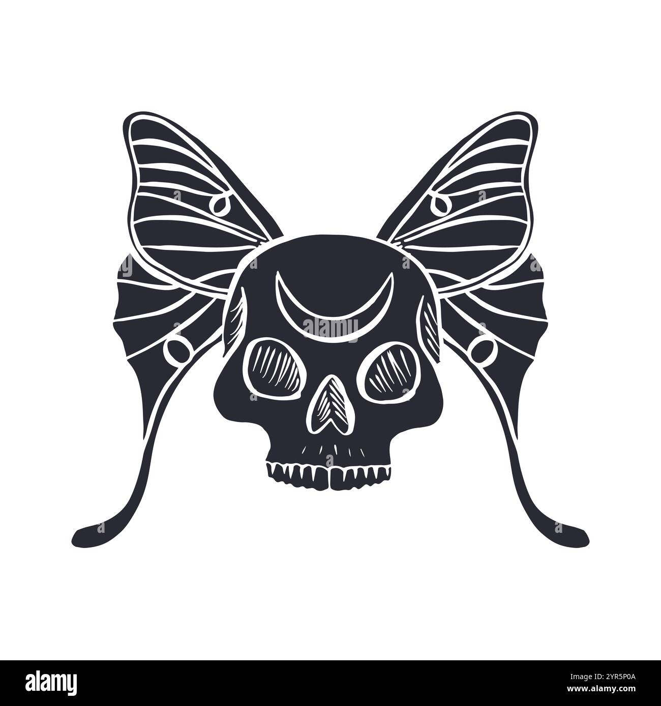 Hand drawn black silhouette of human skull with luna moth wings ...