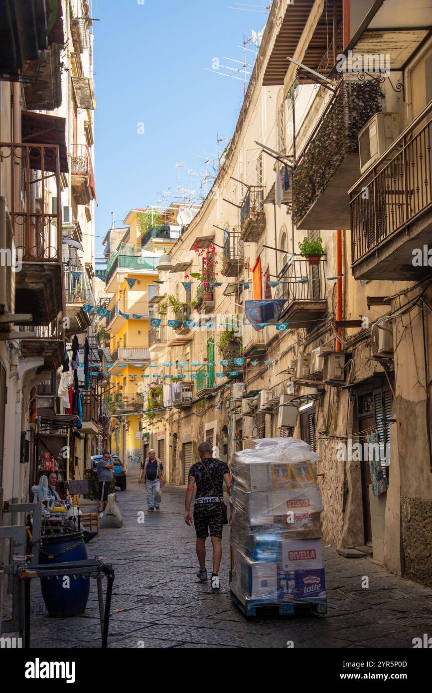 old houses and narrow alleys in old city centre of Naples, Italy Stock ...