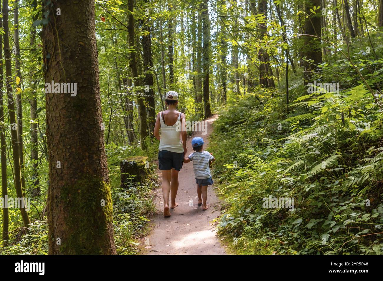 Walking happily barefoot through a forest in a sensory park to enjoy ...