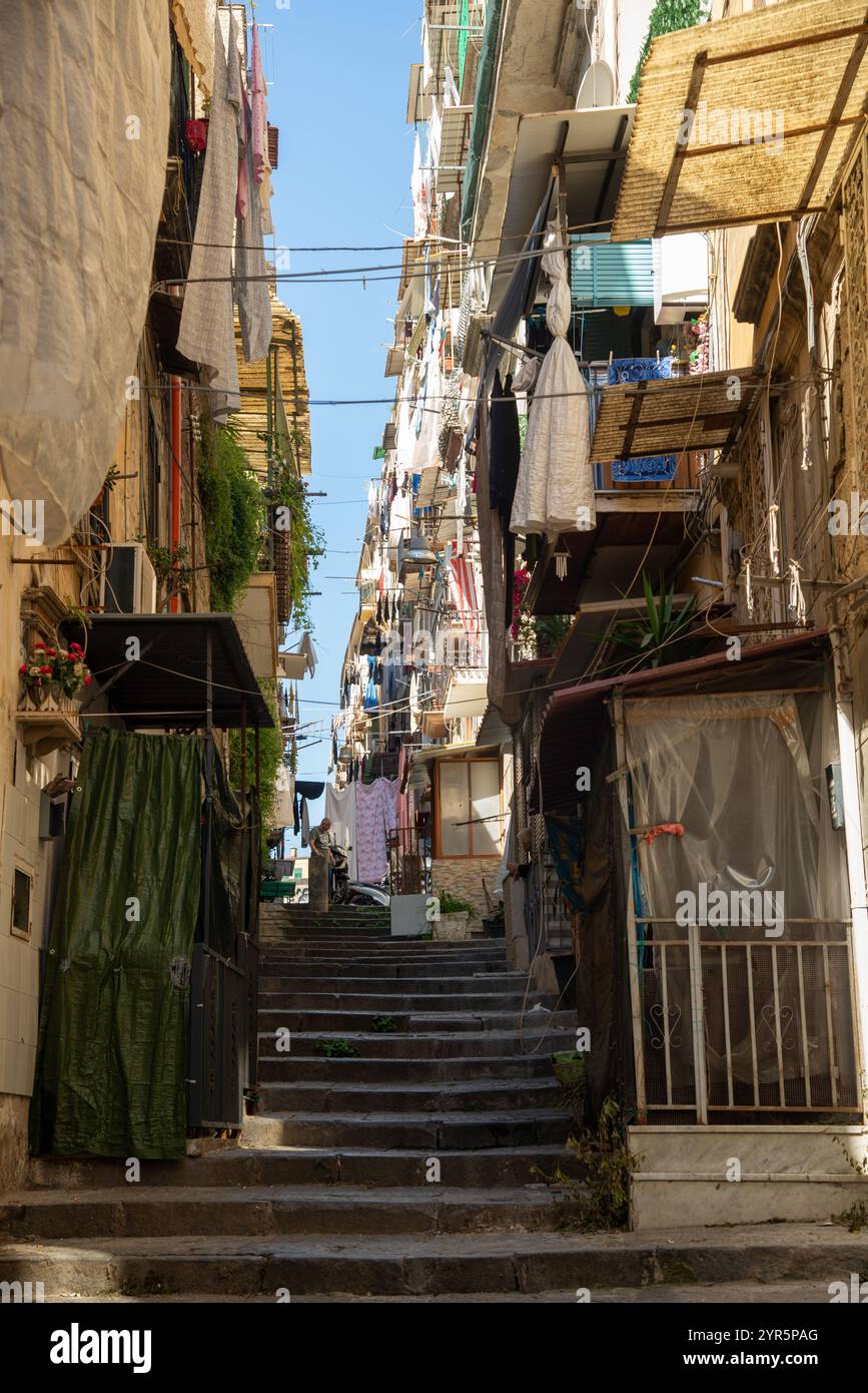 old houses and narrow alleys in old city centre of Naples, Italy Stock ...