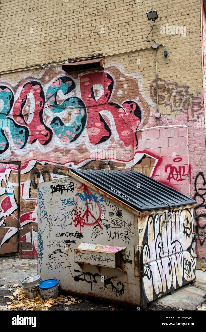 Graffiti tagged on a dumpster and building on Renfrew Place in downtown ...
