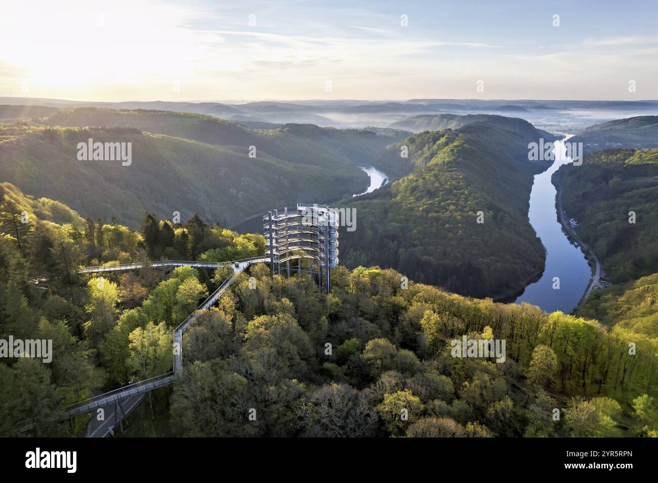 Aerial view of the Saarschleife in Mettlach with the treetop walk in ...