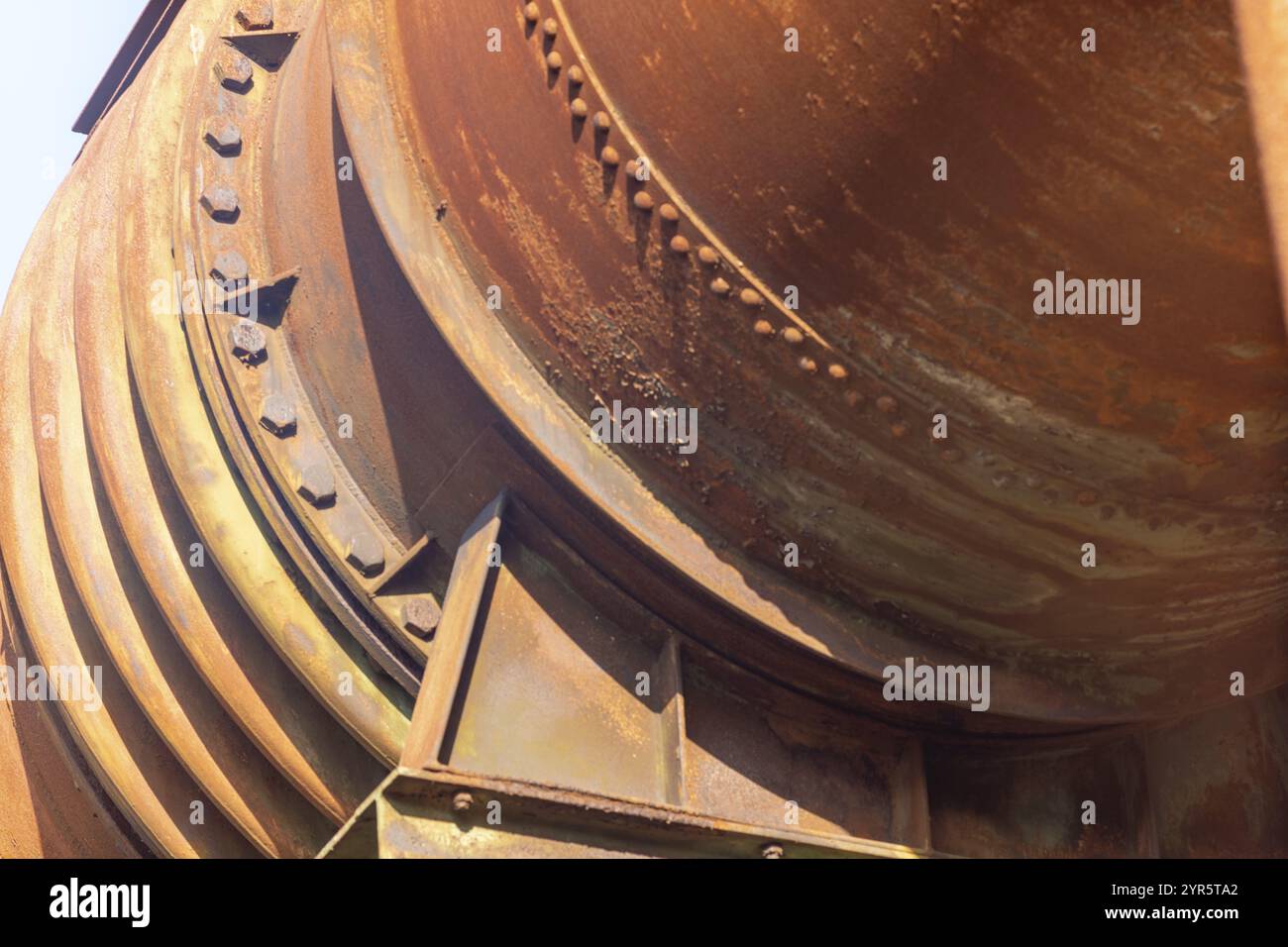 Close-up of rusted metal joints and bolted connections on industrial ...