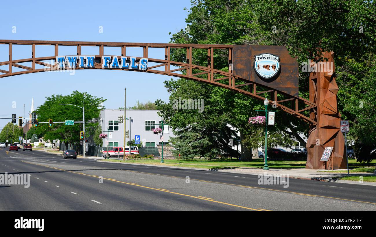 Twin Falls, ID, USA - June 23, 2024; Arched sign across road in City of ...