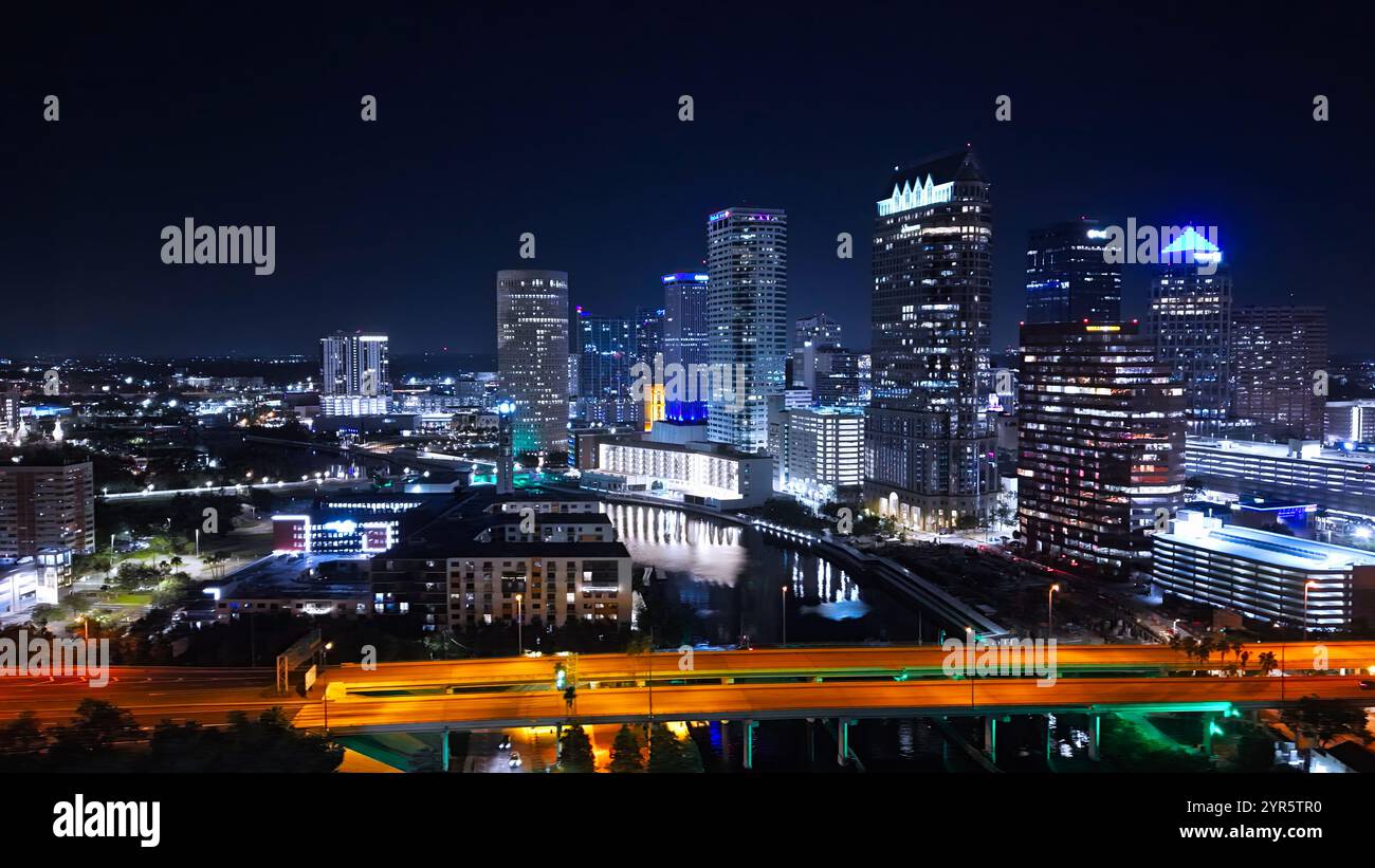 Tampa Florida Downtown skyline at night aerial view - TAMPA, USA ...